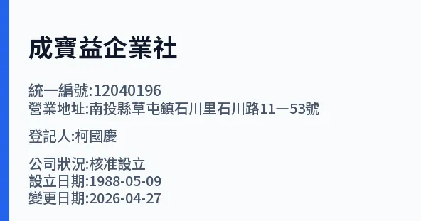 成寶益企業社的照片-統編 12040196(南投縣) 公司登記資料與營業項目詳細圖表