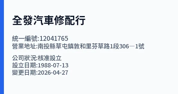 全發汽車修配行的照片-統編 12041765(南投縣) 公司登記資料與營業項目詳細圖表