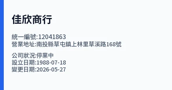 佳欣商行的照片-統編 12041863(南投縣) 公司登記資料與營業項目詳細圖表