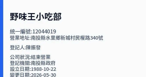 野味王小吃部的照片-統編 12044019(南投縣) 公司登記資料與營業項目詳細圖表
