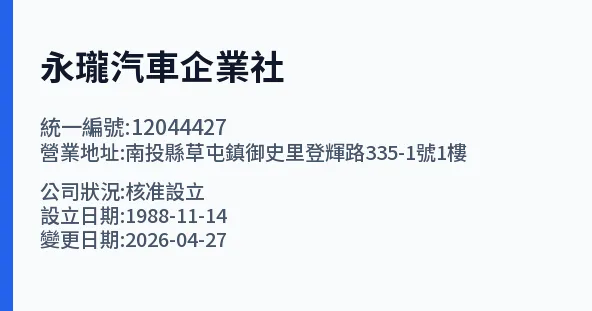 永瓏汽車企業社的照片-統編 12044427(南投縣) 公司登記資料與營業項目詳細圖表