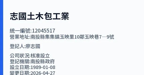 志國土木包工業的照片-統編 12045517(南投縣) 公司登記資料與營業項目詳細圖表