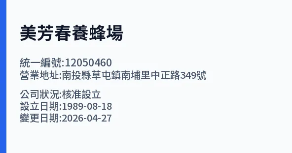 美芳春養蜂場的照片-統編 12050460(南投縣) 公司登記資料與營業項目詳細圖表
