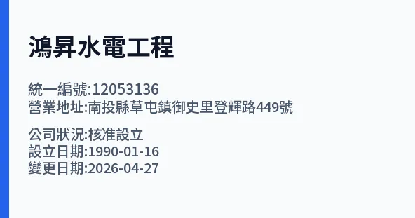鴻昇水電工程的照片-統編 12053136(南投縣) 公司登記資料與營業項目詳細圖表