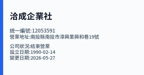 洽成企業社的照片-統編 12053591(南投縣) 公司登記資料與營業項目詳細圖表