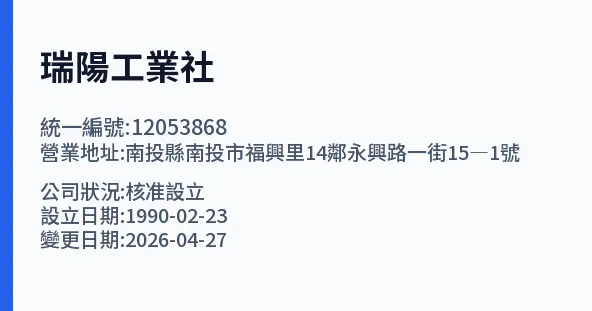瑞陽工業社的照片-統編 12053868(南投縣) 公司登記資料與營業項目詳細圖表