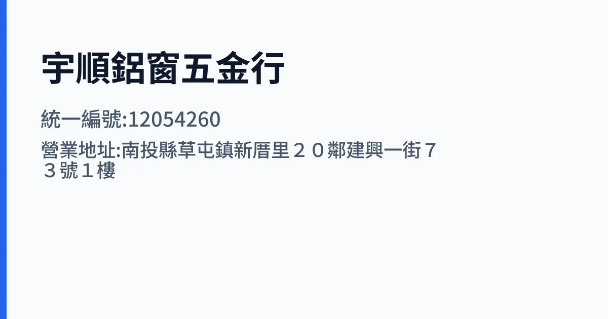 宇順鋁窗五金行 - 統編 12054260(南投縣) 公司登記資料與營業項目詳細圖表