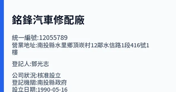 銘鋒汽車修配廠的照片-統編 12055789(南投縣) 公司登記資料與營業項目詳細圖表
