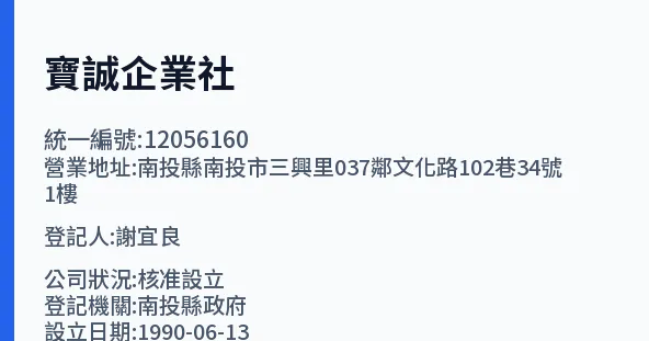 寶誠企業社的照片-統編 12056160(南投縣) 公司登記資料與營業項目詳細圖表