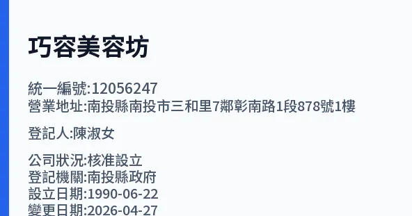 巧容美容坊的照片-統編 12056247(南投縣) 公司登記資料與營業項目詳細圖表
