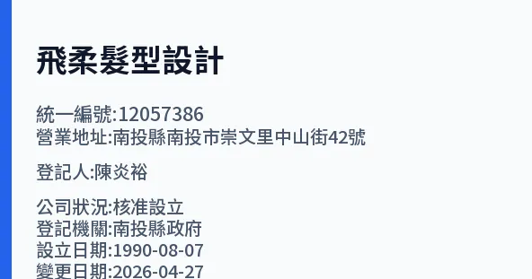 飛柔髮型設計的照片-統編 12057386(南投縣) 公司登記資料與營業項目詳細圖表