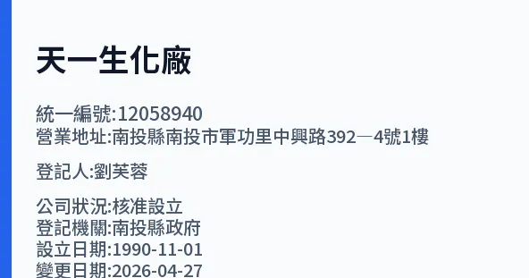 天一生化廠的照片-統編 12058940(南投縣) 公司登記資料與營業項目詳細圖表