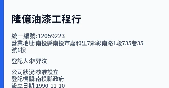 隆億油漆工程行的照片-統編 12059223(南投縣) 公司登記資料與營業項目詳細圖表