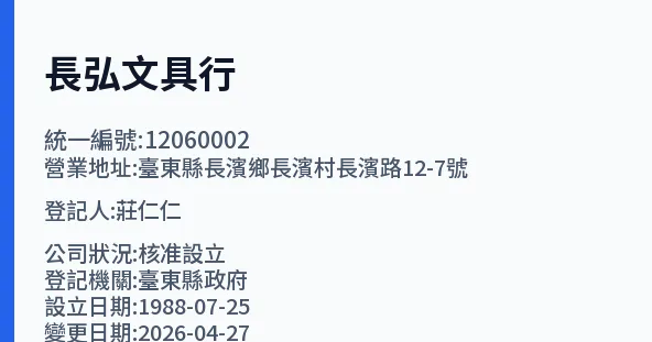 長弘文具行的照片-統編 12060002(臺東縣) 公司登記資料與營業項目詳細圖表