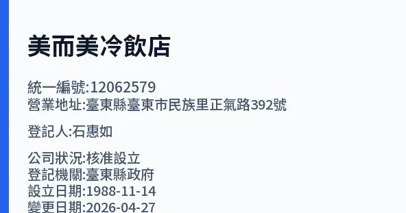 美而美冷飲店的照片-統編 12062579(臺東縣) 公司登記資料與營業項目詳細圖表