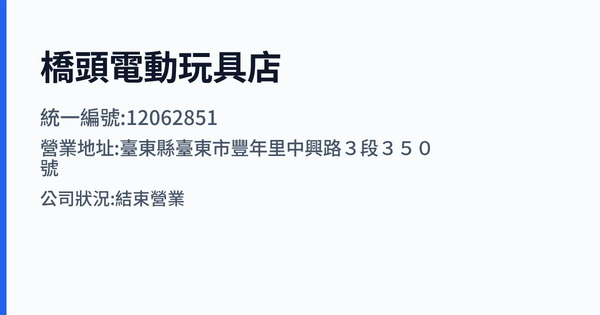 橋頭電動玩具店 - 統編 12062851(臺東縣) 公司登記資料與營業項目詳細圖表