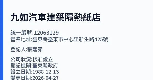 九如汽車建築隔熱紙店的照片-統編 12063129(臺東縣) 公司登記資料與營業項目詳細圖表