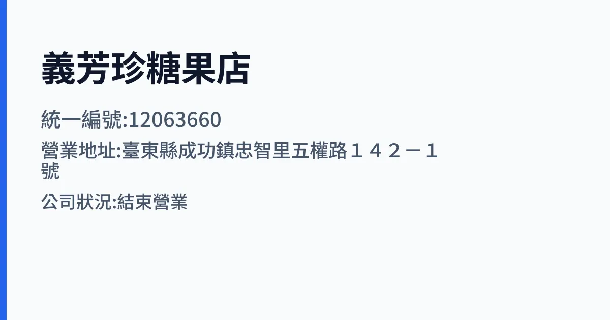 義芳珍糖果店 - 統編 12063660(臺東縣) 公司登記資料與營業項目詳細圖表