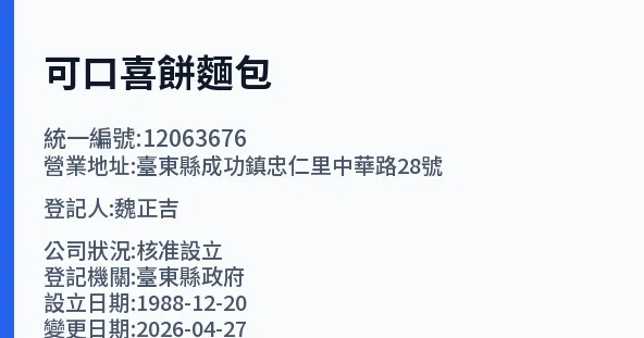 可口喜餅麵包的照片-統編 12063676(臺東縣) 公司登記資料與營業項目詳細圖表