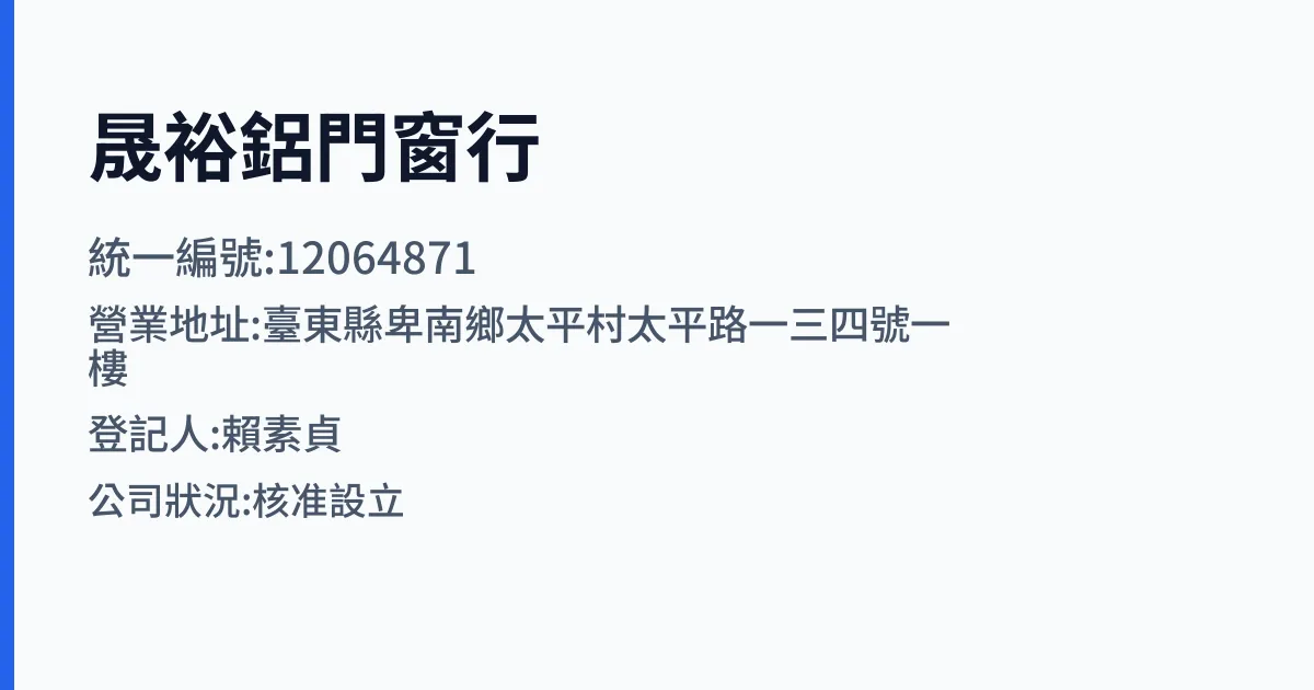 晟裕鋁門窗行 - 統編 12064871(臺東縣) 公司登記資料與營業項目詳細圖表