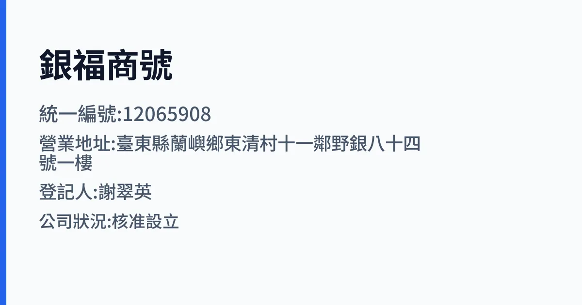 銀福商號 - 統編 12065908（臺東縣） 公司登記資料與營業項目詳細圖表