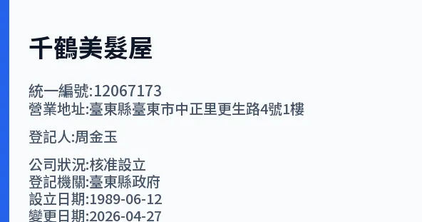 千鶴美髮屋的照片-統編 12067173(臺東縣) 公司登記資料與營業項目詳細圖表