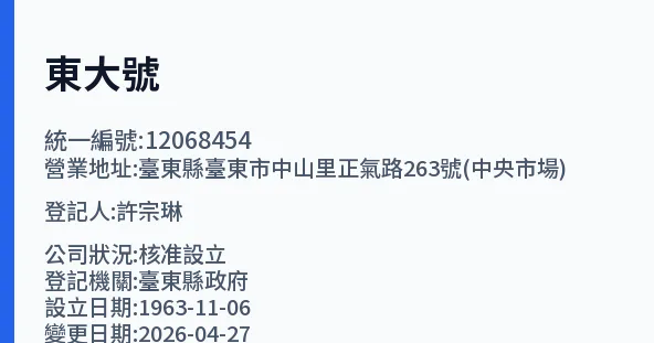 東大號的照片-統編 12068454(臺東縣) 公司登記資料與營業項目詳細圖表