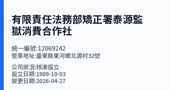 有限責任法務部矯正署泰源監獄消費合作社的照片-統編 12069242(臺東縣) 公司登記資料與營業項目詳細圖表
