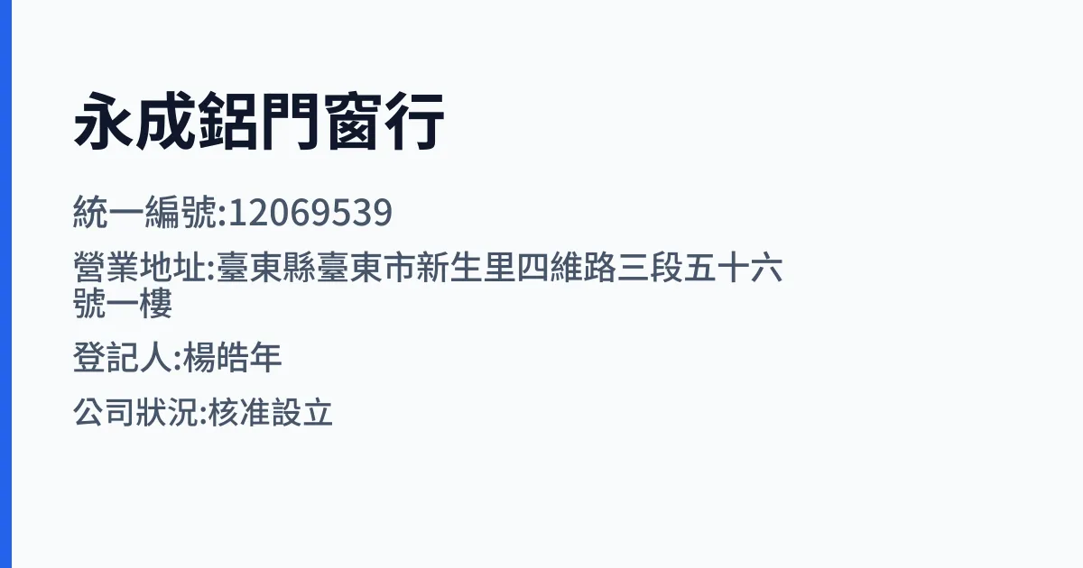 永成鋁門窗行 - 統編 12069539(臺東縣) 公司登記資料與營業項目詳細圖表