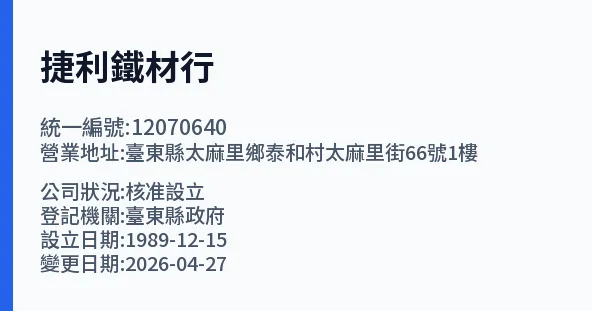 捷利鐵材行的照片-統編 12070640(臺東縣) 公司登記資料與營業項目詳細圖表