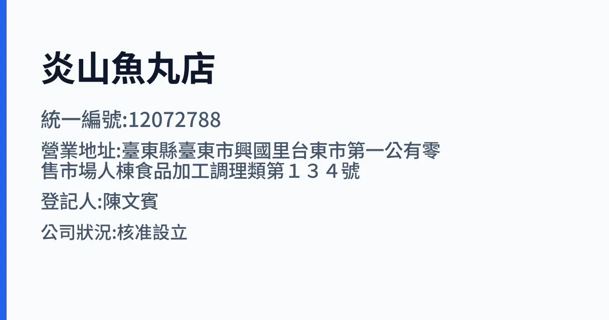 炎山魚丸店 - 統編 12072788(臺東縣) 公司登記資料與營業項目詳細圖表