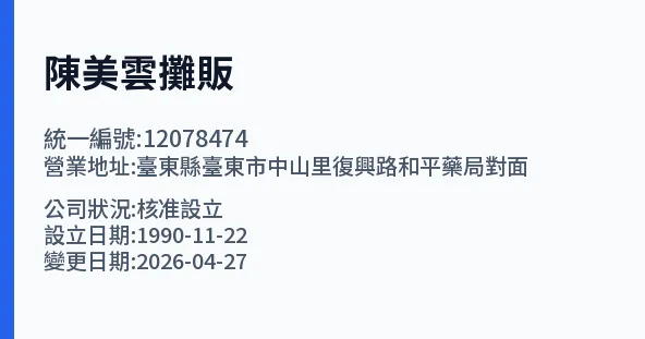 陳美雲攤販的照片-統編 12078474(臺東縣) 公司登記資料與營業項目詳細圖表