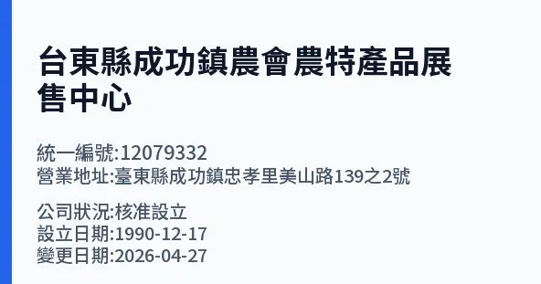 台東縣成功鎮農會農特產品展售中心的照片-統編 12079332(臺東縣) 公司登記資料與營業項目詳細圖表