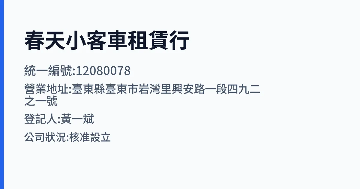 春天小客車租賃行 - 統編 12080078(臺東縣) 公司登記資料與營業項目詳細圖表