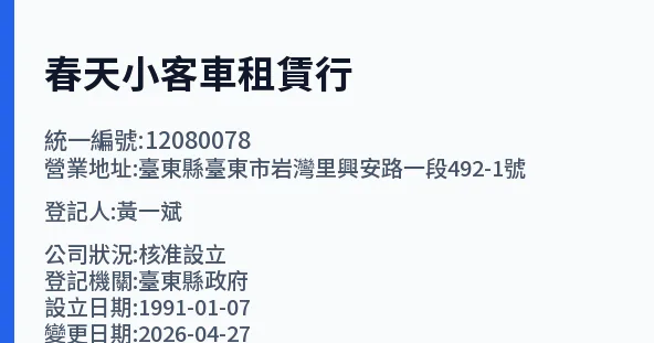 春天小客車租賃行的照片-統編 12080078(臺東縣) 公司登記資料與營業項目詳細圖表