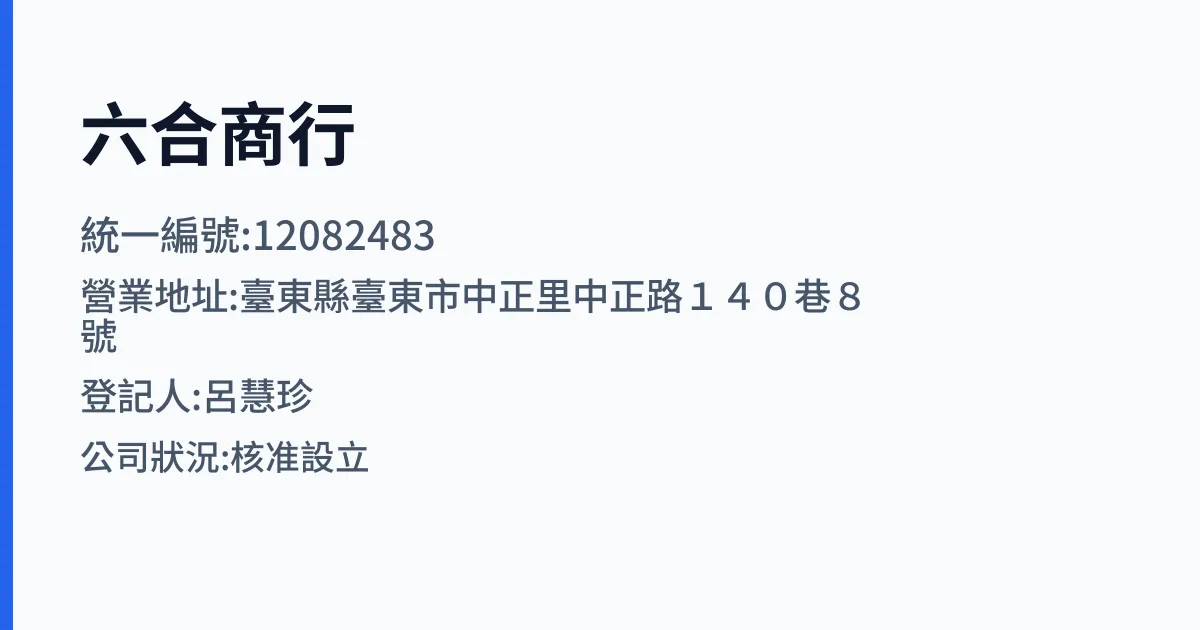 六合商行 - 統編 12082483(臺東縣) 公司登記資料與營業項目詳細圖表