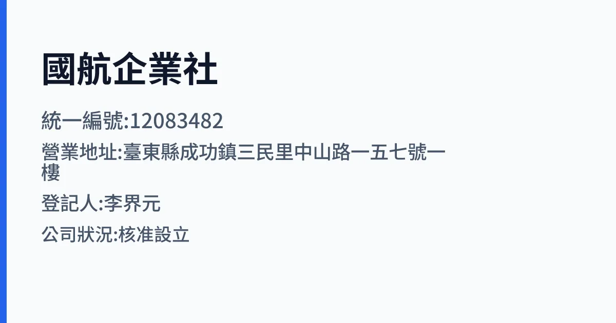 國航企業社 - 統編 12083482(臺東縣) 公司登記資料與營業項目詳細圖表