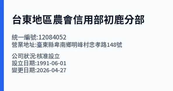 台東地區農會信用部初鹿分部的照片-統編 12084052(臺東縣) 公司登記資料與營業項目詳細圖表
