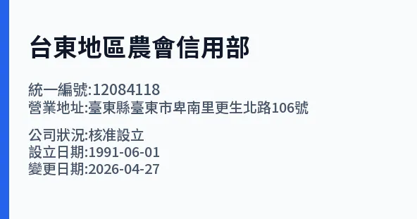 台東地區農會信用部的照片-統編 12084118(臺東縣) 公司登記資料與營業項目詳細圖表