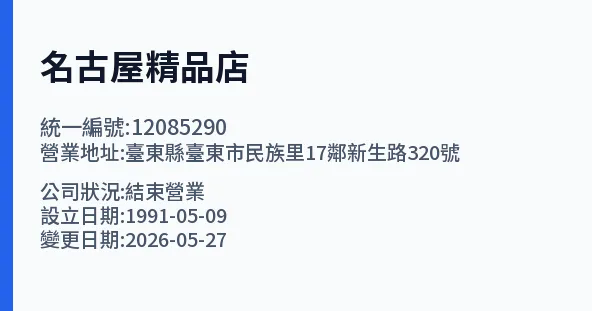 名古屋精品店的照片-統編 12085290(臺東縣) 公司登記資料與營業項目詳細圖表