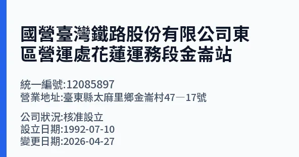 國營臺灣鐵路股份有限公司東區營運處花蓮運務段金崙站的照片-統編 12085897(臺東縣) 公司登記資料與營業項目詳細圖表