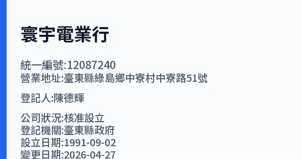寰宇電業行的照片-統編 12087240(臺東縣) 公司登記資料與營業項目詳細圖表