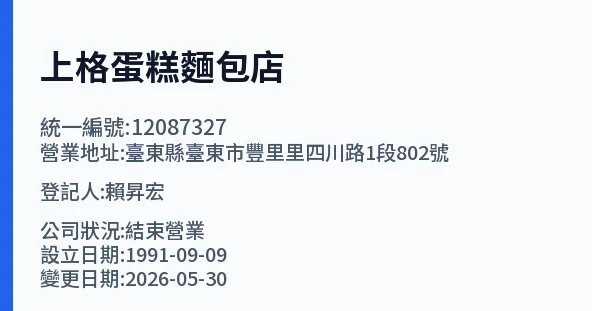 上格蛋糕麵包店的照片-統編 12087327(臺東縣) 公司登記資料與營業項目詳細圖表