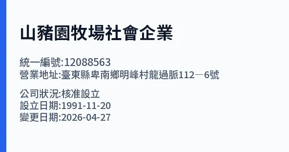 山豬園牧場社會企業的照片-統編 12088563(臺東縣) 公司登記資料與營業項目詳細圖表