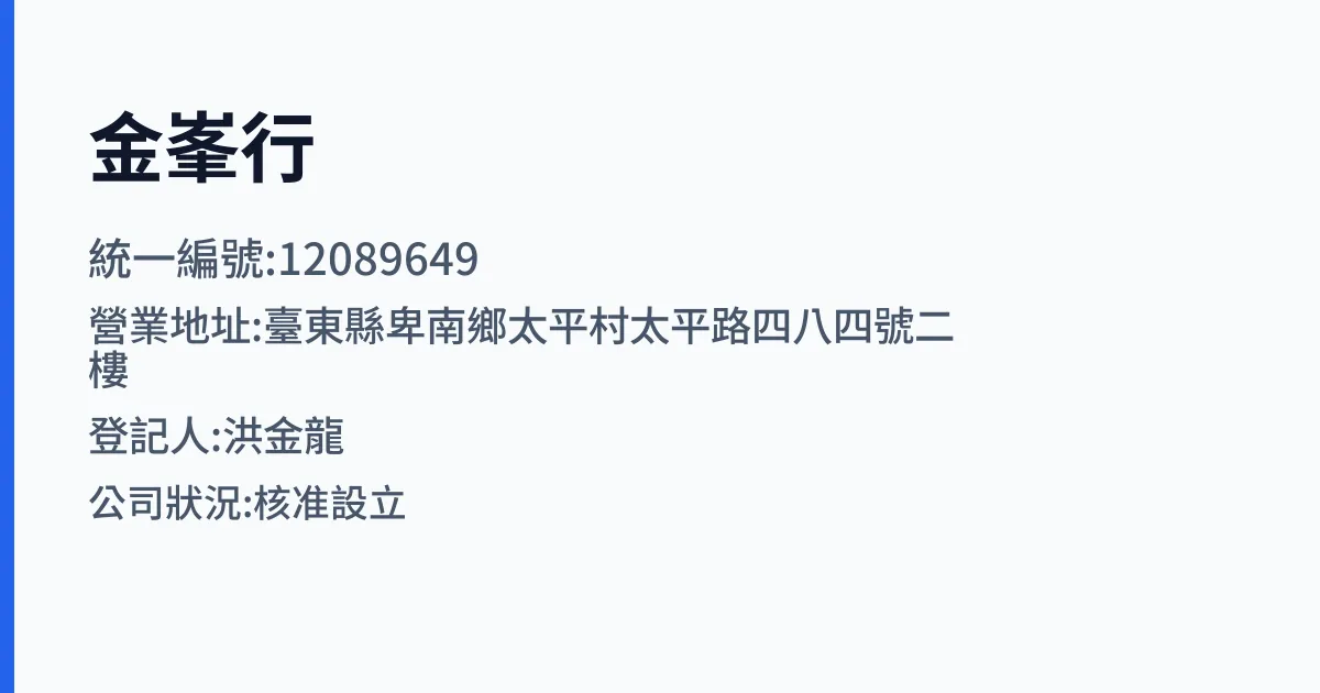 金峯行 - 統編 12089649(臺東縣) 公司登記資料與營業項目詳細圖表