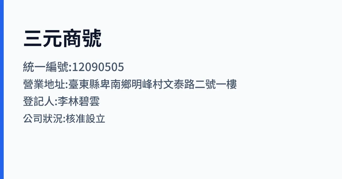 三元商號 - 統編 12090505(臺東縣) 公司登記資料與營業項目詳細圖表