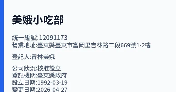 美娥小吃部的照片-統編 12091173(臺東縣) 公司登記資料與營業項目詳細圖表