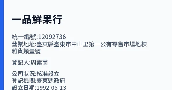 一品鮮果行的照片-統編 12092736(臺東縣) 公司登記資料與營業項目詳細圖表