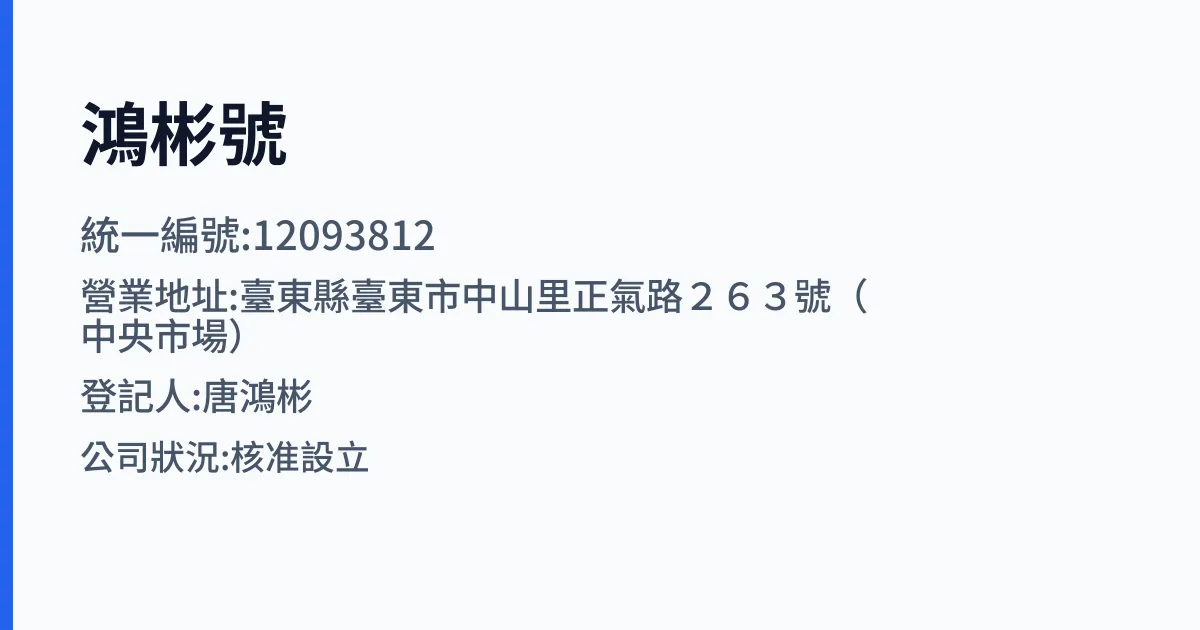 鴻彬號 - 統編 12093812(臺東縣) 公司登記資料與營業項目詳細圖表