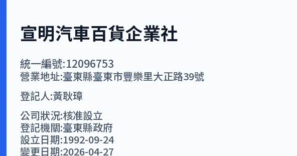 宣明汽車百貨企業社的照片-統編 12096753(臺東縣) 公司登記資料與營業項目詳細圖表